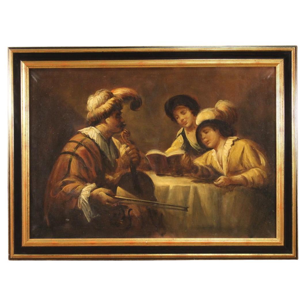 20th Century Oil on Canvas Italian Interior Scene Painting Music Lesson ...