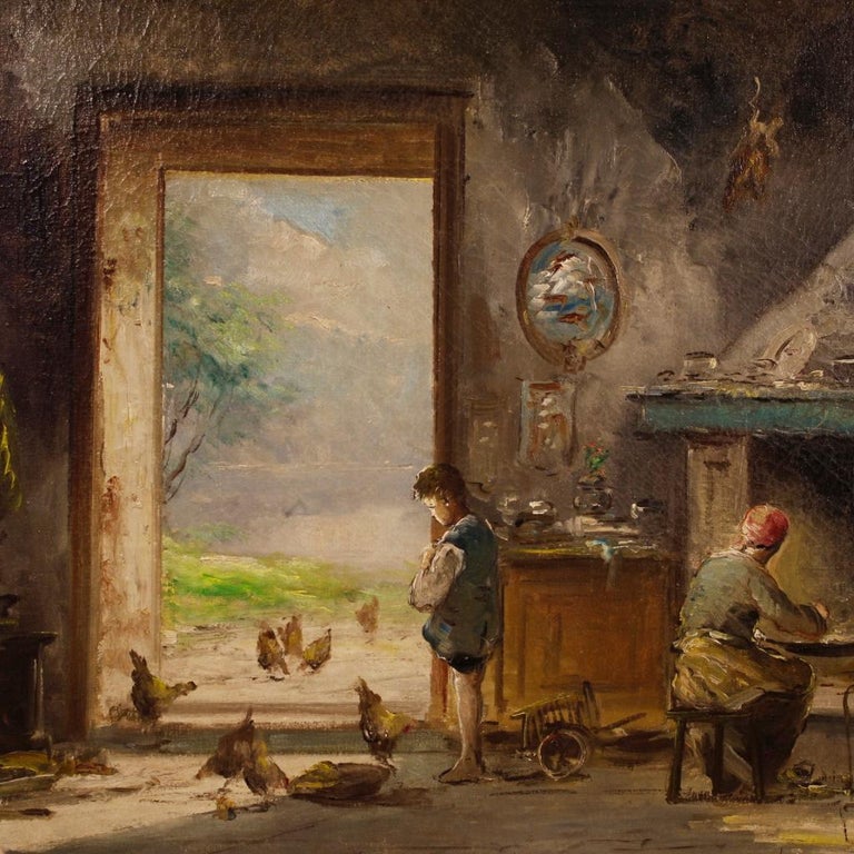 20th Century Oil on Canvas Italian Signed Interior Scene Painting, 1950 ...