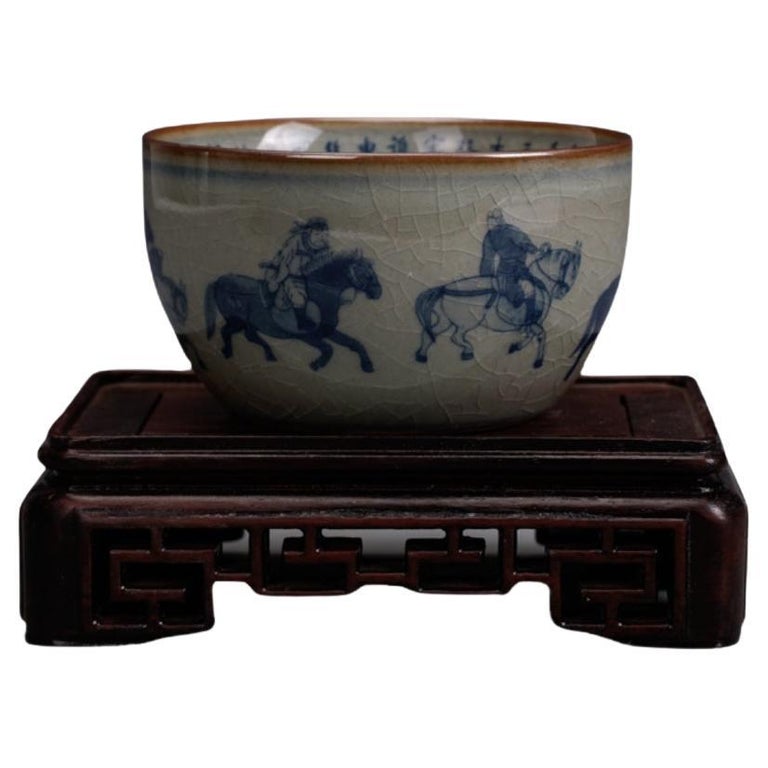 20th Century Oriental Blue White Figures Riding Horses Story Bowl For ...