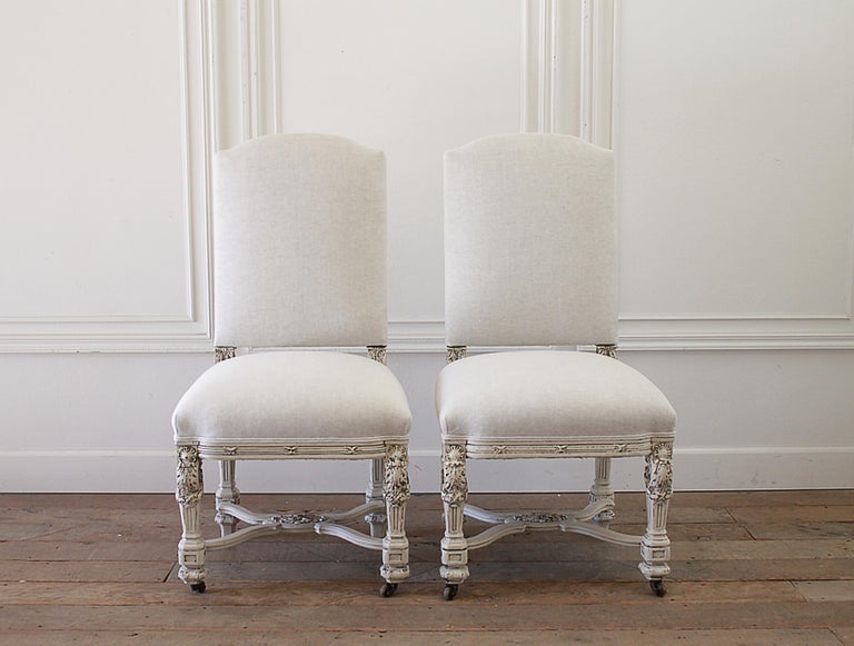 20th Century Pair of Carved Parsons Chairs in Natural Belgian Linen at ...