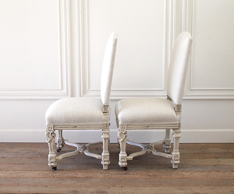 20th Century Pair of Carved Parsons Chairs in Natural Belgian Linen at ...