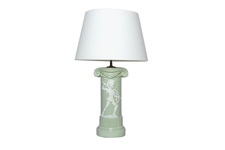 20th century pair of green and white porcelain ionic column table lamps ...