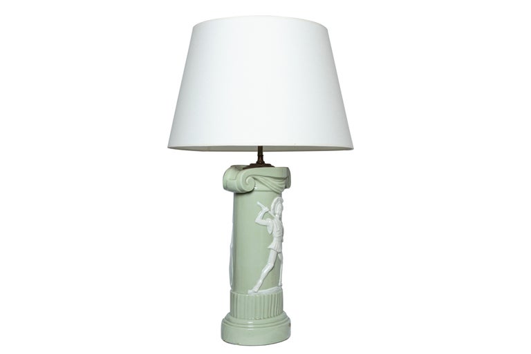 20th century pair of green and white porcelain ionic column table lamps ...