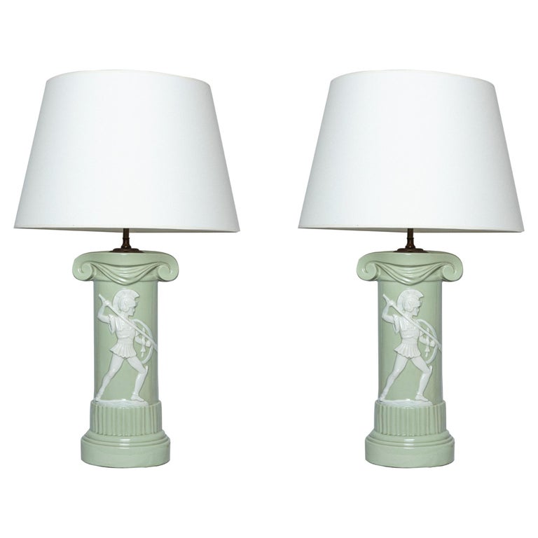 20th century pair of green and white porcelain ionic column table lamps ...