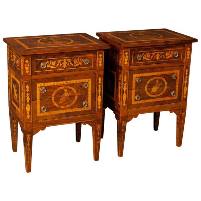 20th Century Pair of Italian Inlaid Wooden Bedside Tables in Louis XVI ...