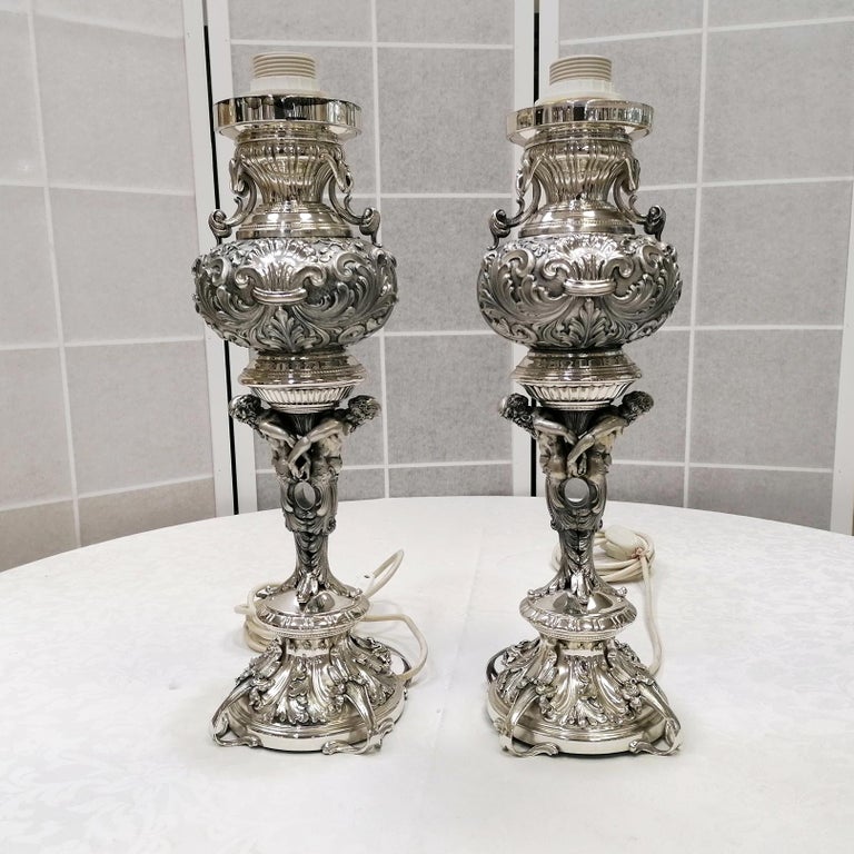 20th Century Pair of Italian Silver embossed with figures Lamps For ...