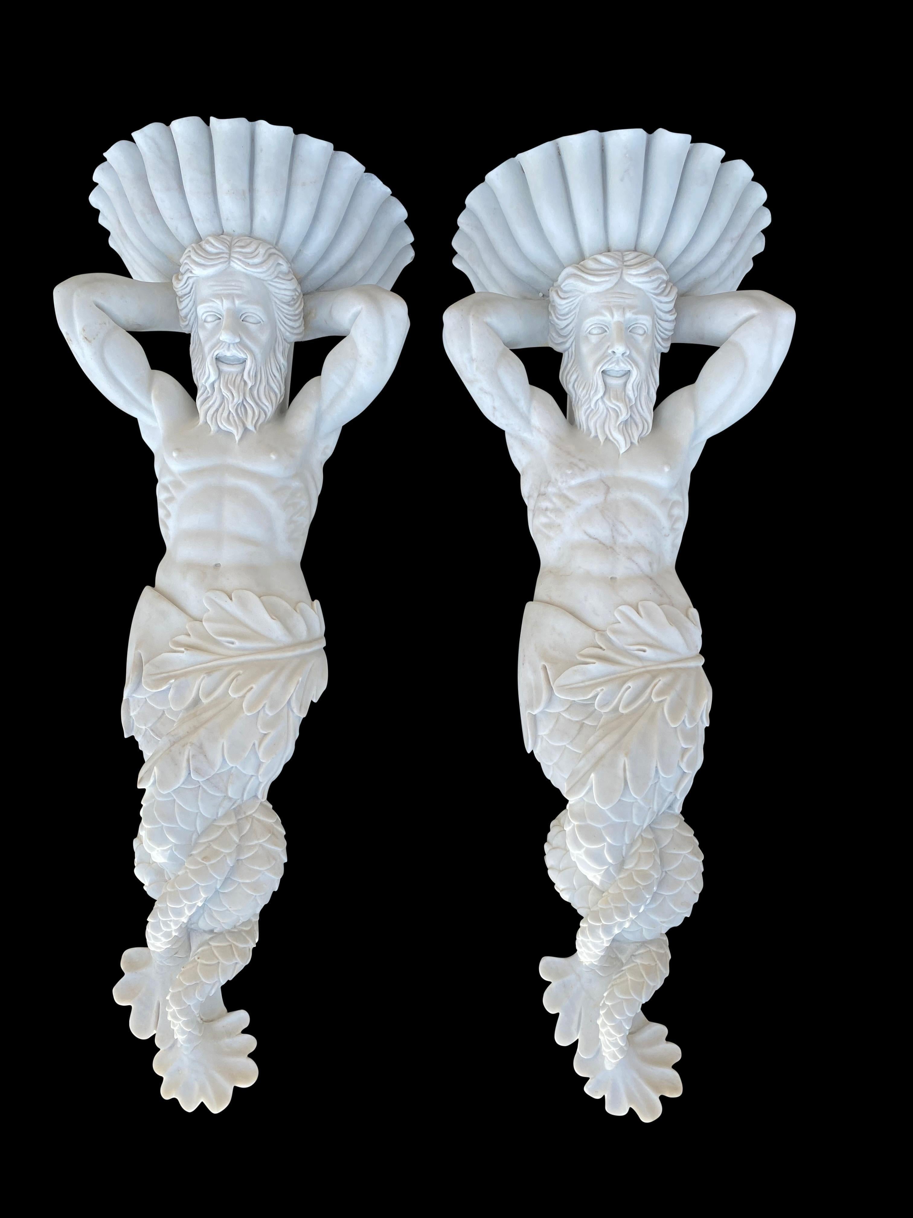 20th Century Pair of Marble Neptune Wall Torchères at 1stDibs