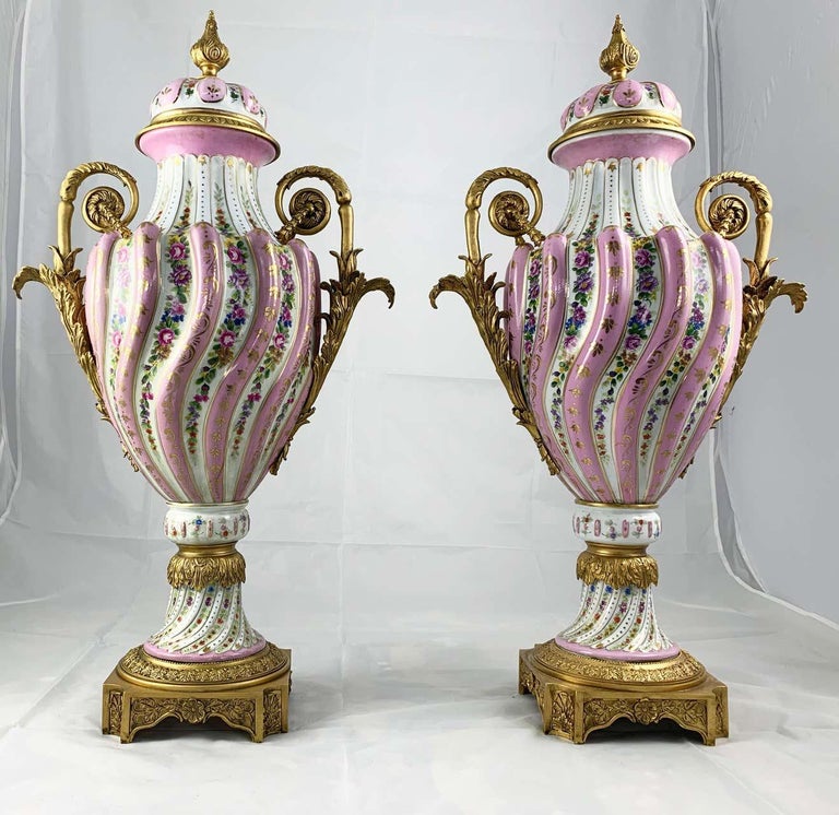 20th Century Pair of Ormolu Mounted Pink Sevres Style Vases with Lids ...