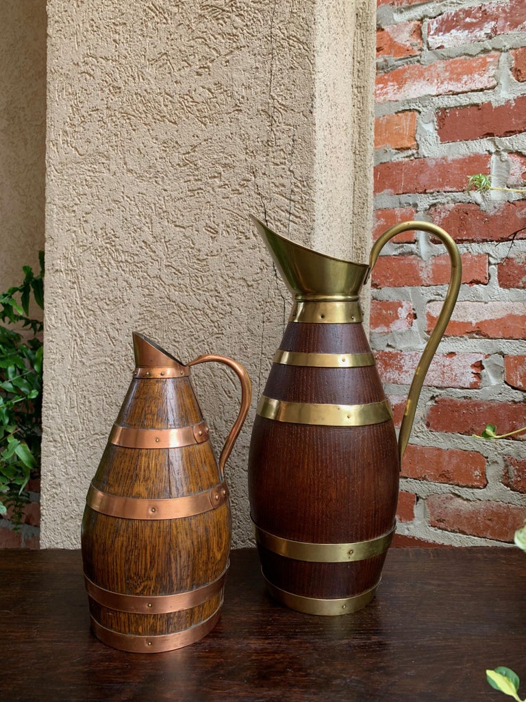 Antique Pair Petite French Oak Jug Wine Tankard Pitcher Vessel w Brass ...