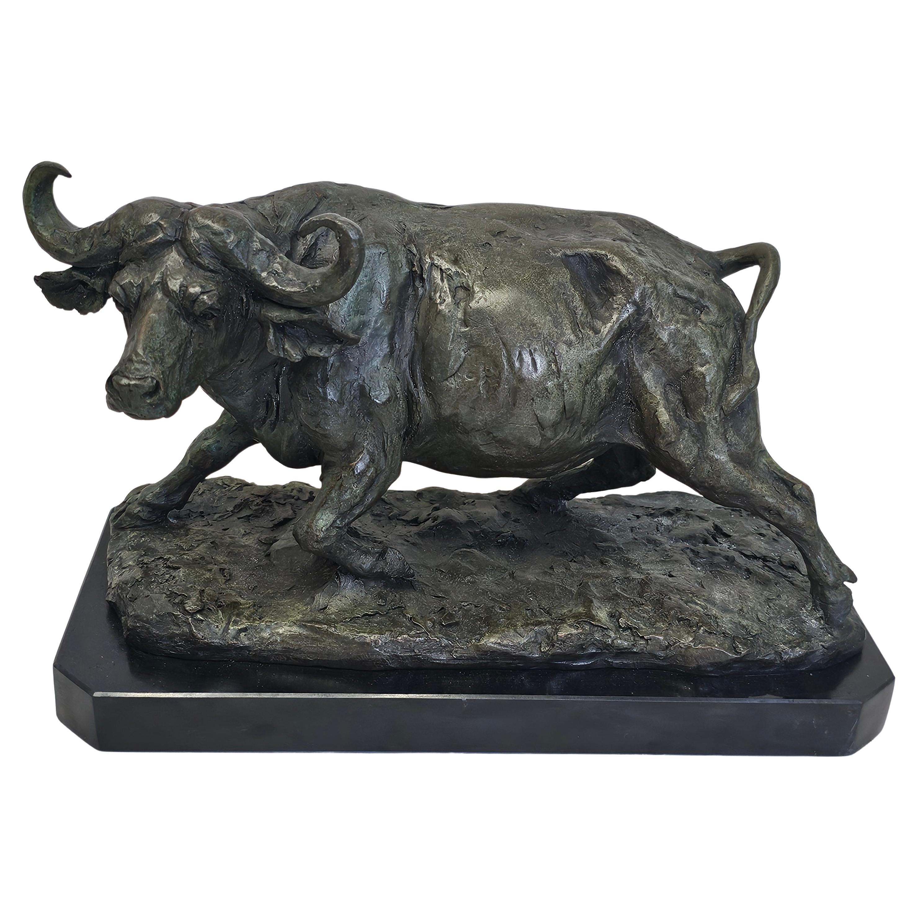 20th Century Patinated Bronze Figure of a Cape Buffalo on Black Slate ...