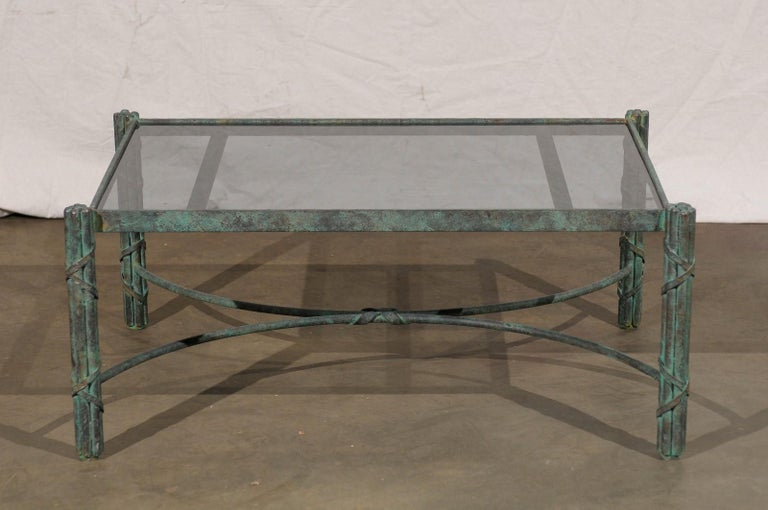 20th Century Patinated Verdigris Coffee Table with Bamboo Motif, Glass ...