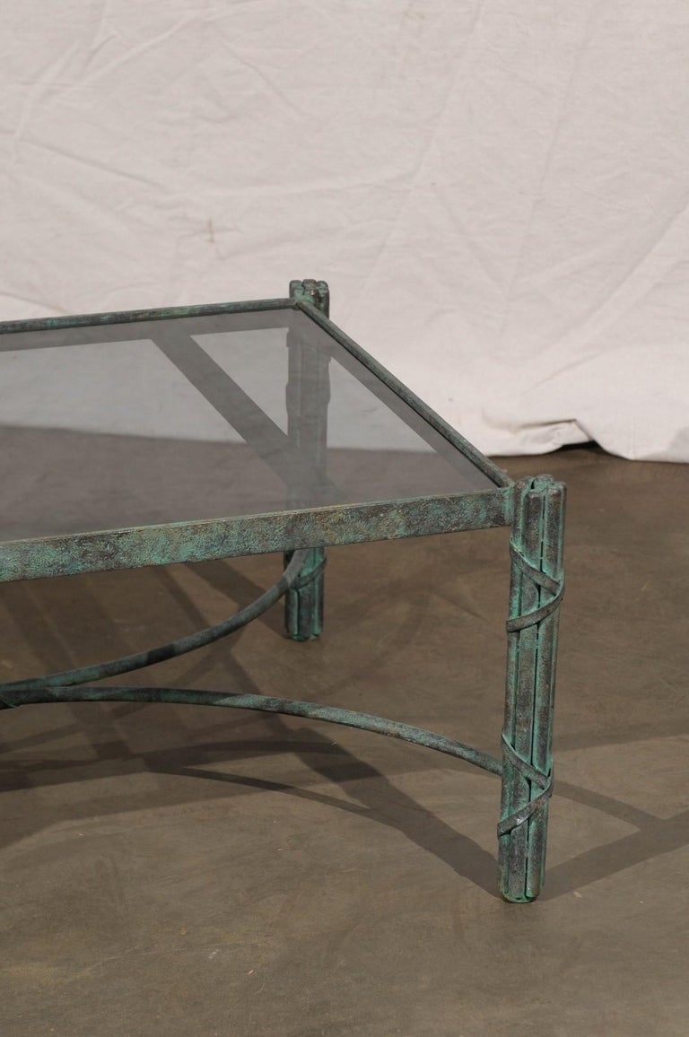 20th Century Patinated Verdigris Coffee Table with Bamboo Motif, Glass ...