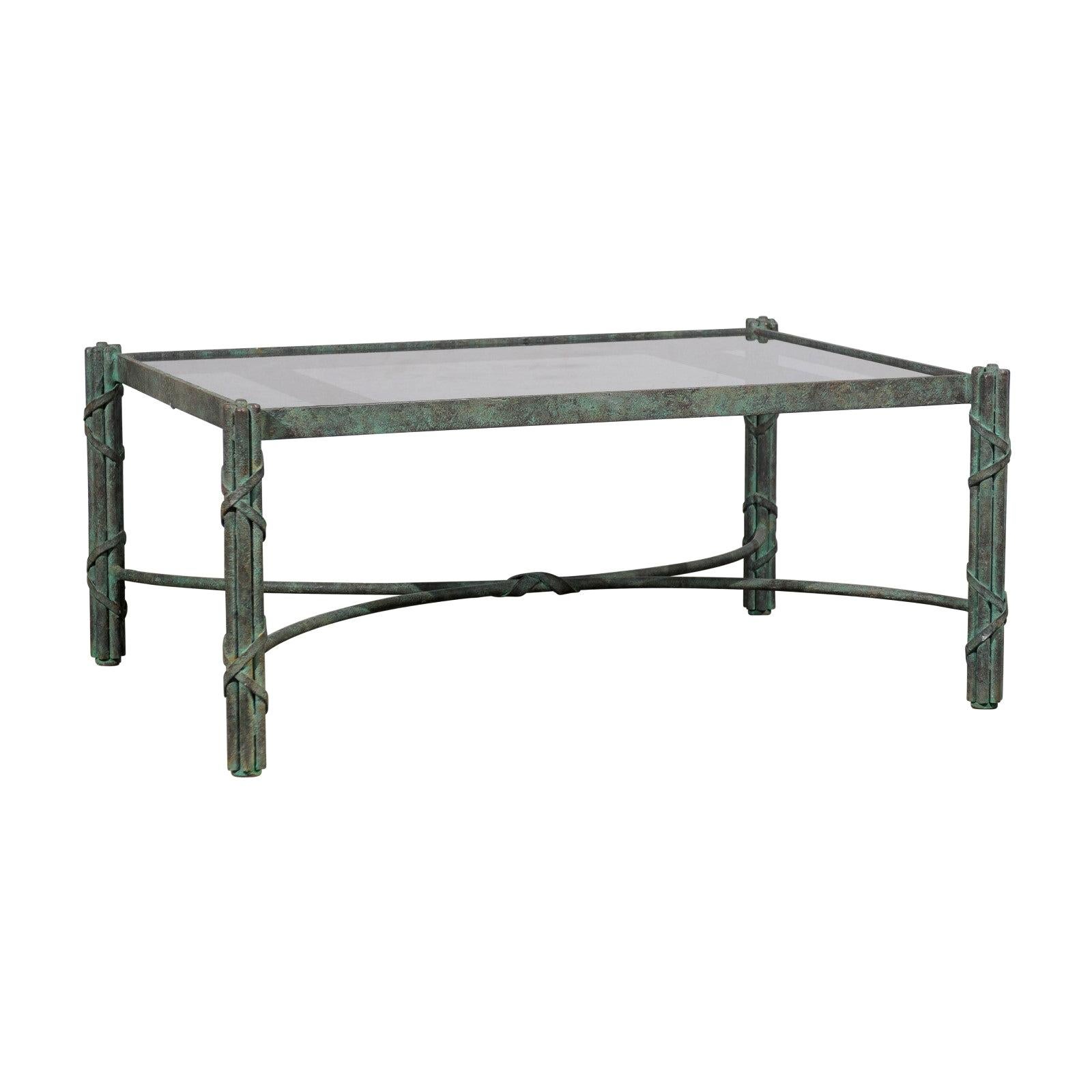 20th Century Patinated Verdigris Coffee Table with Bamboo Motif, Glass ...