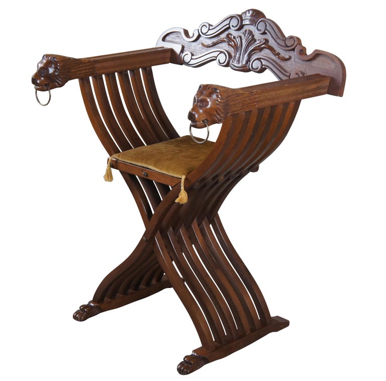 20th Century Renaissance Revival Savonarola X Folding Lion Head Throne ...