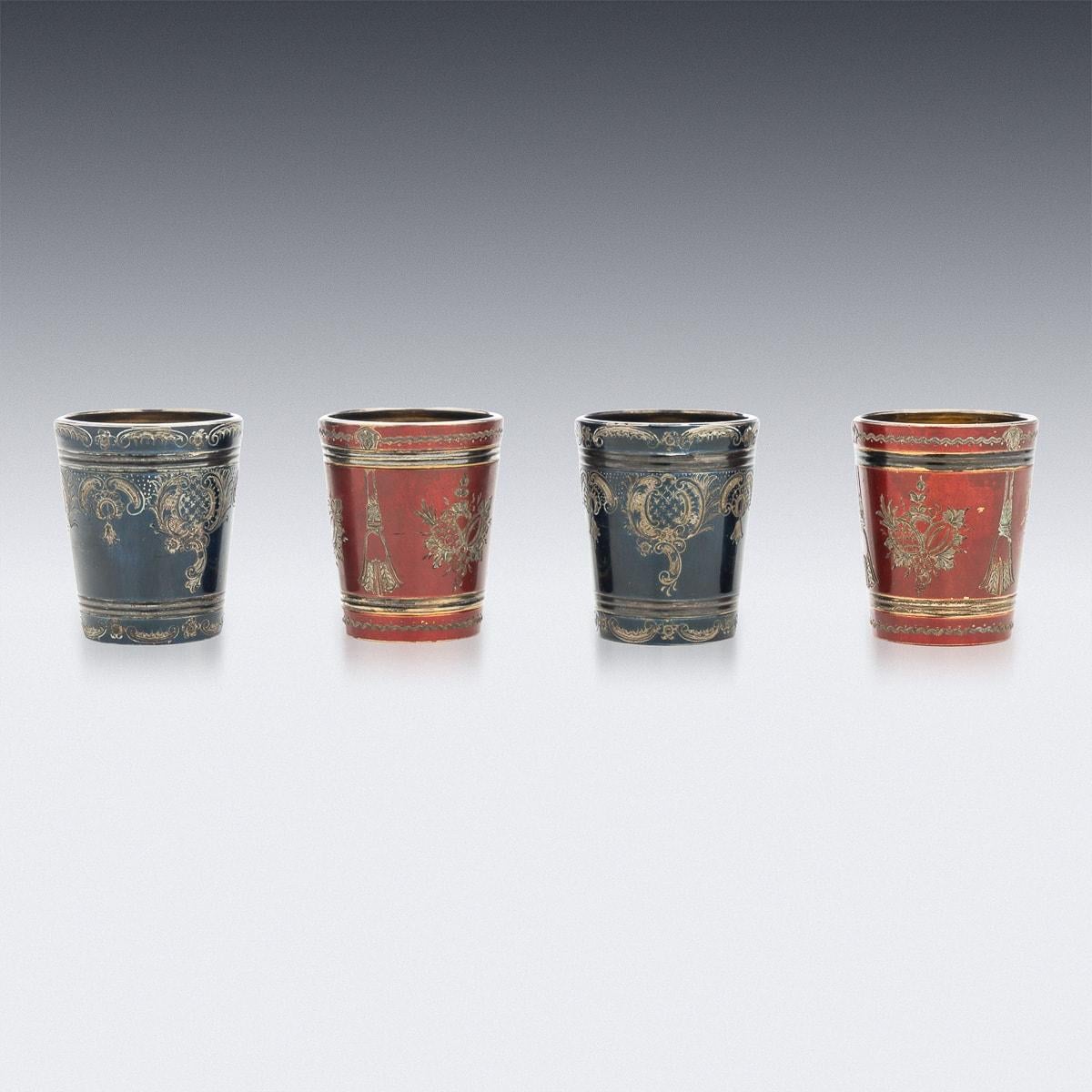 20th Century Russian Set Of Four Solid Silver and Lacquer Beakers, c ...