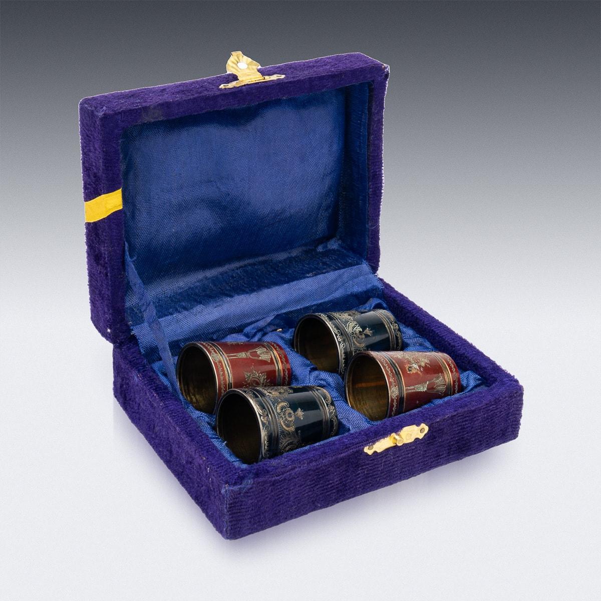 20th Century Russian Set Of Four Solid Silver and Lacquer Beakers, c ...