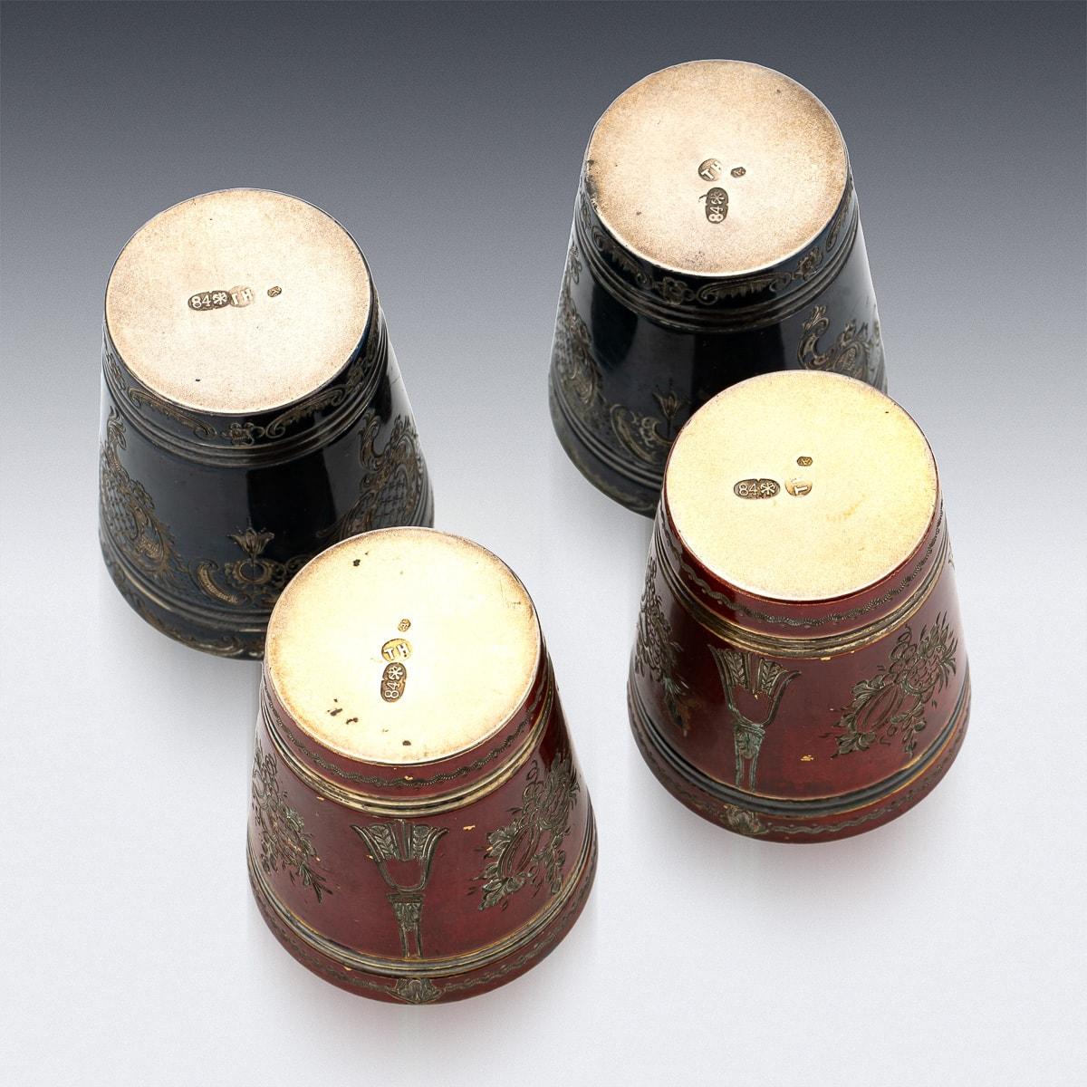 20th Century Russian Set Of Four Solid Silver and Lacquer Beakers, c ...