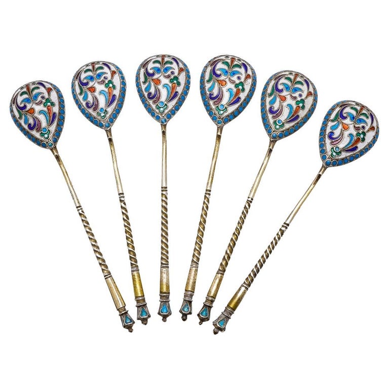 20th Century Russian Solid Silver Gilt and Cloisonne Enamel Spoons, c ...