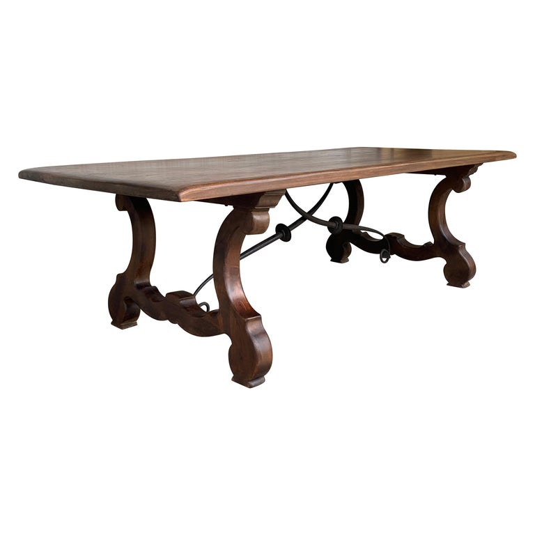 20th Century Spanish Baroque Style Walnut Lyre Legs Trestle Dining Farm ...