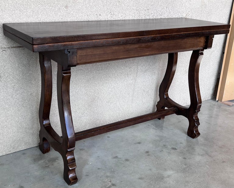 20th Century Spanish Console Fold Out Farm Table with Iron Stretcher For Sale at 1stDibs