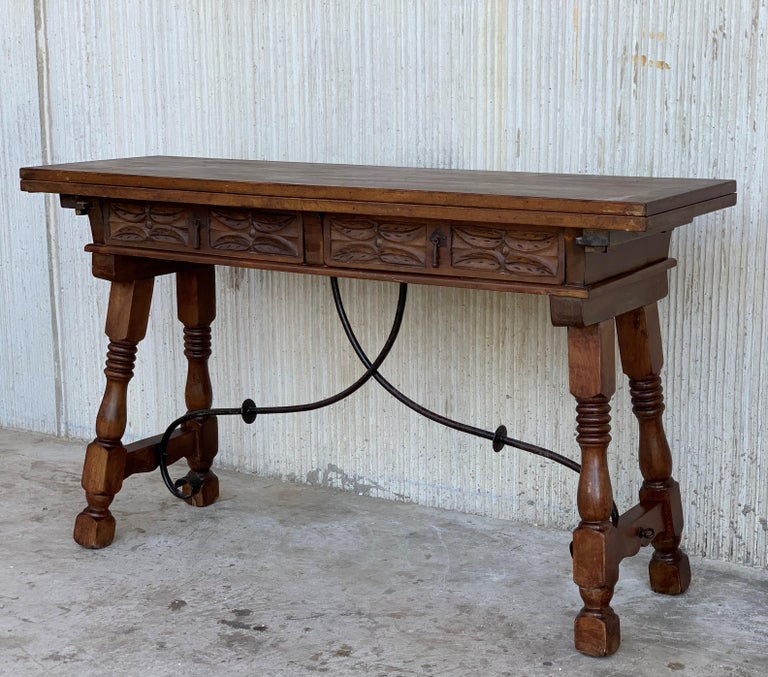 20th Century Spanish Console Fold Out Table with Iron Stretcher and Two ...