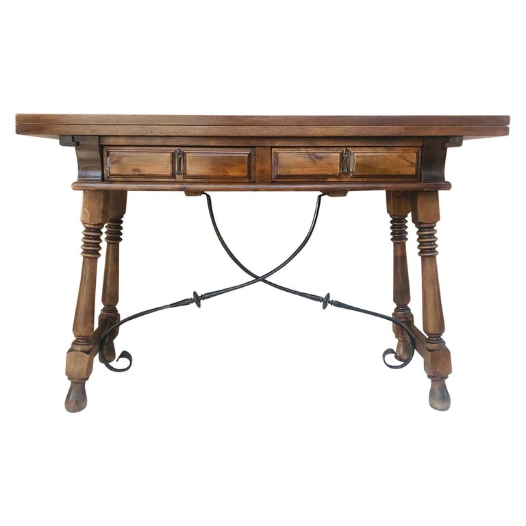 20th Century Spanish Console Fold Out Table with Iron Stretcher and Two ...