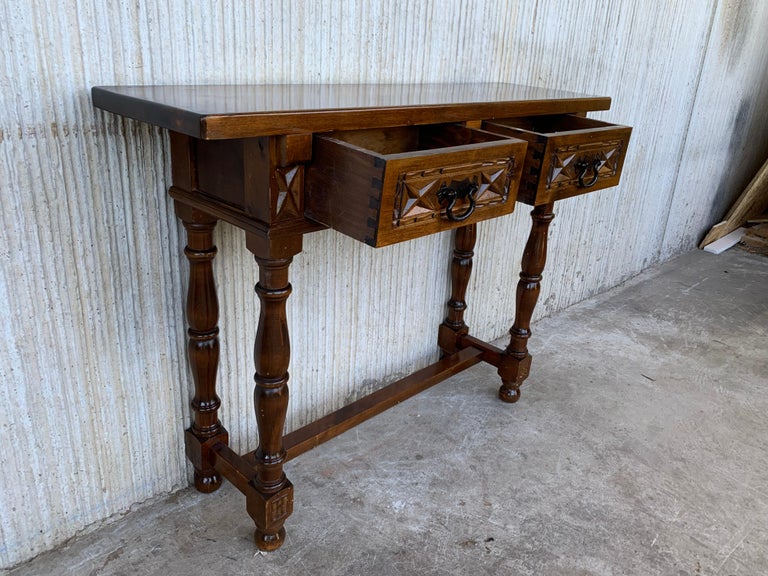 20th Century Spanish Tuscan Console Table with Two Drawers and Turned ...