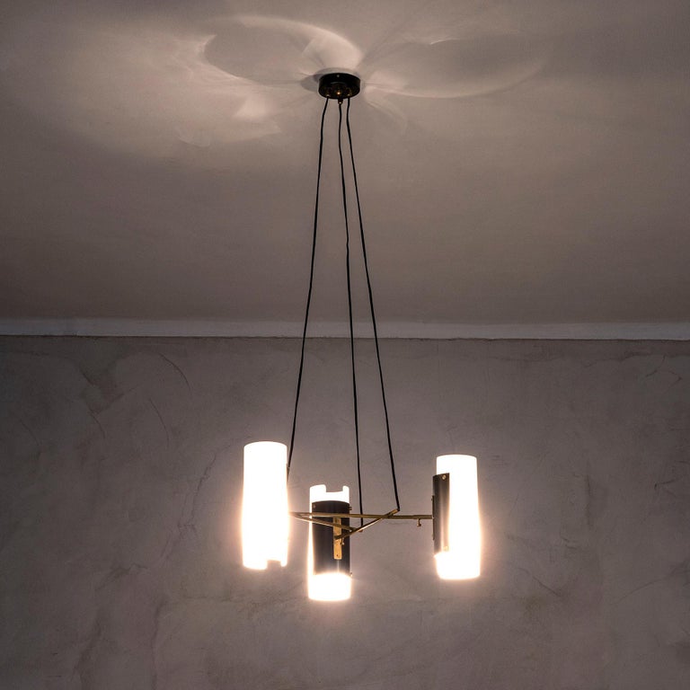20th Century Stilux Chandelier with 3 Diffusers in Brass, Metal and ...