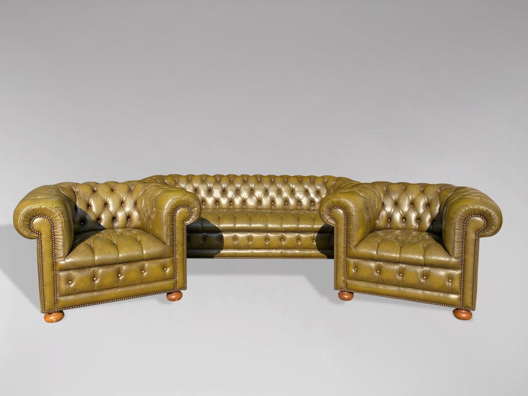 20th Century Three Piece Green Leather Chesterfield Suite For Sale at ...