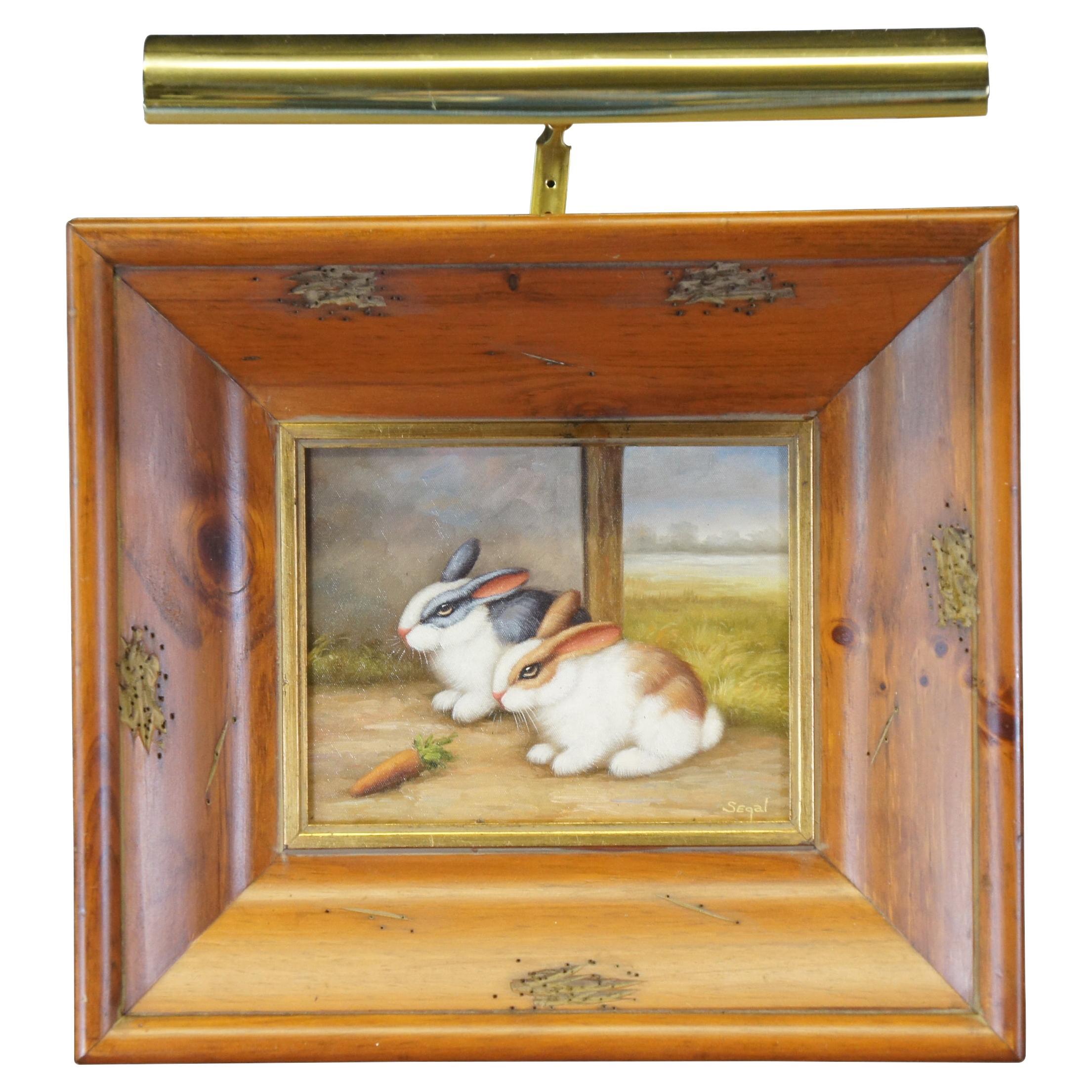 20th Century Two Rabbits with Carrot Realist Oil Painting Distressed ...