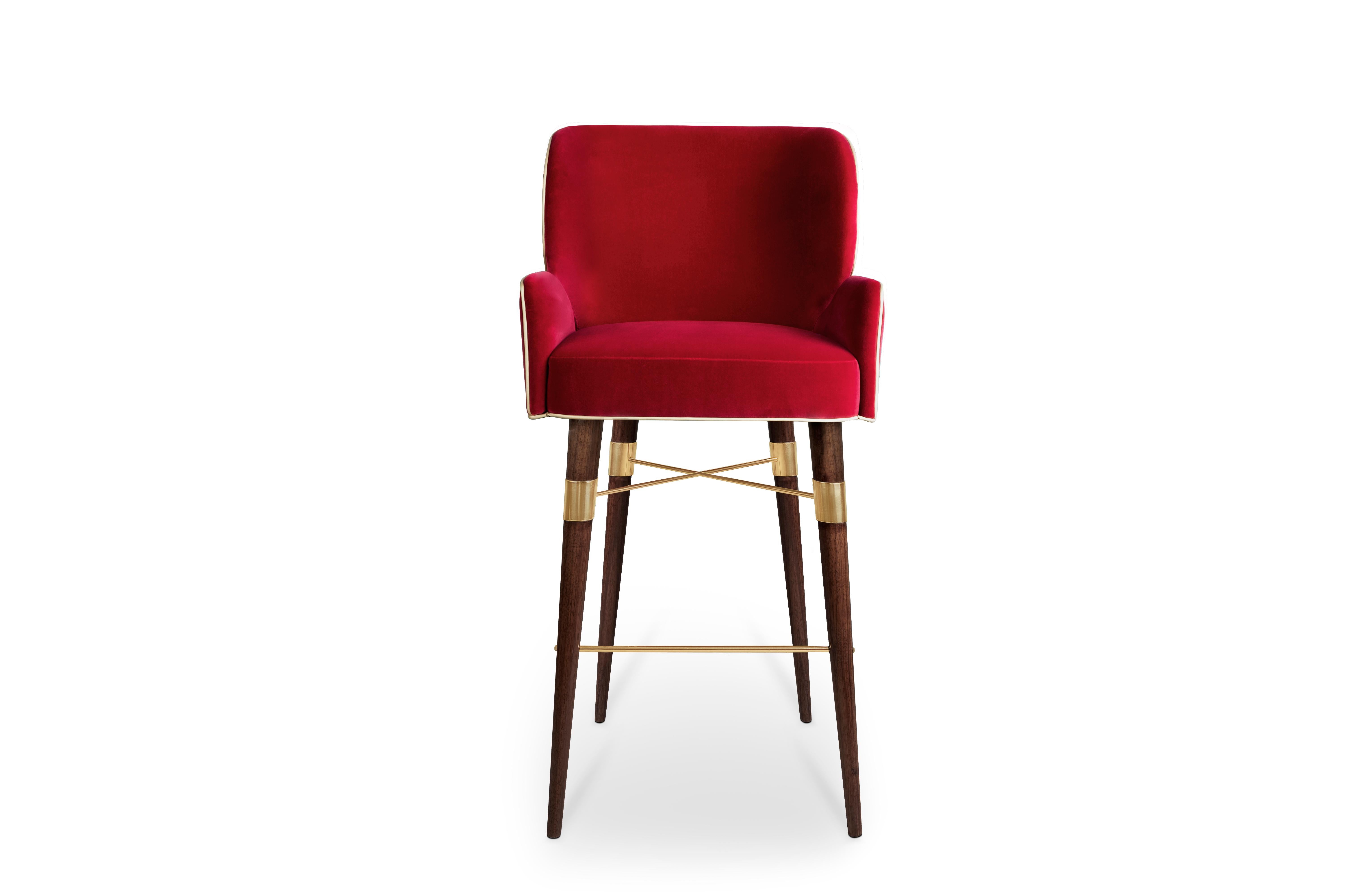 Velvet Louis I Bar Chair Walnut Wood Brass For Sale at 1stDibs