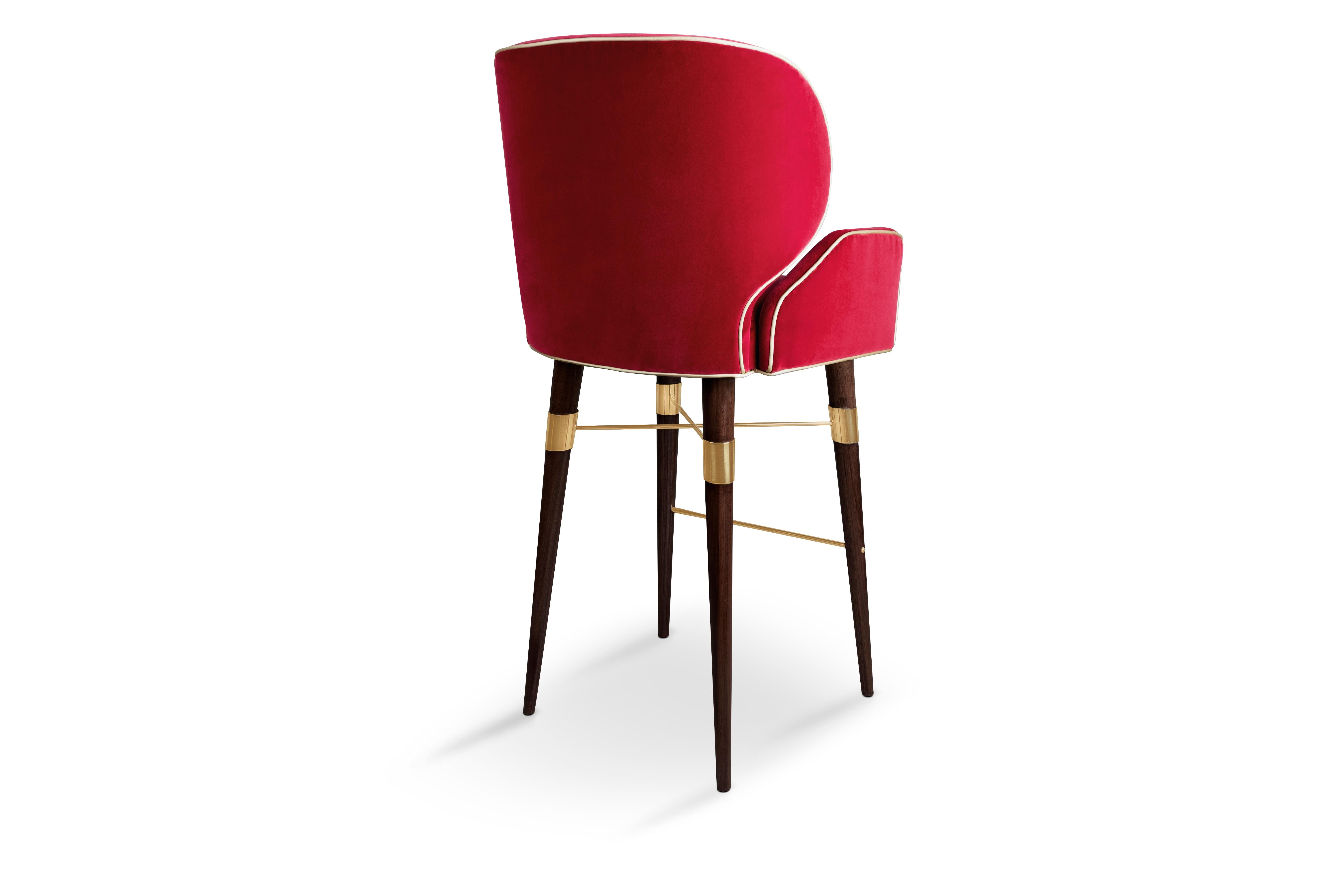 Velvet Louis I Bar Chair Walnut Wood Brass For Sale at 1stDibs
