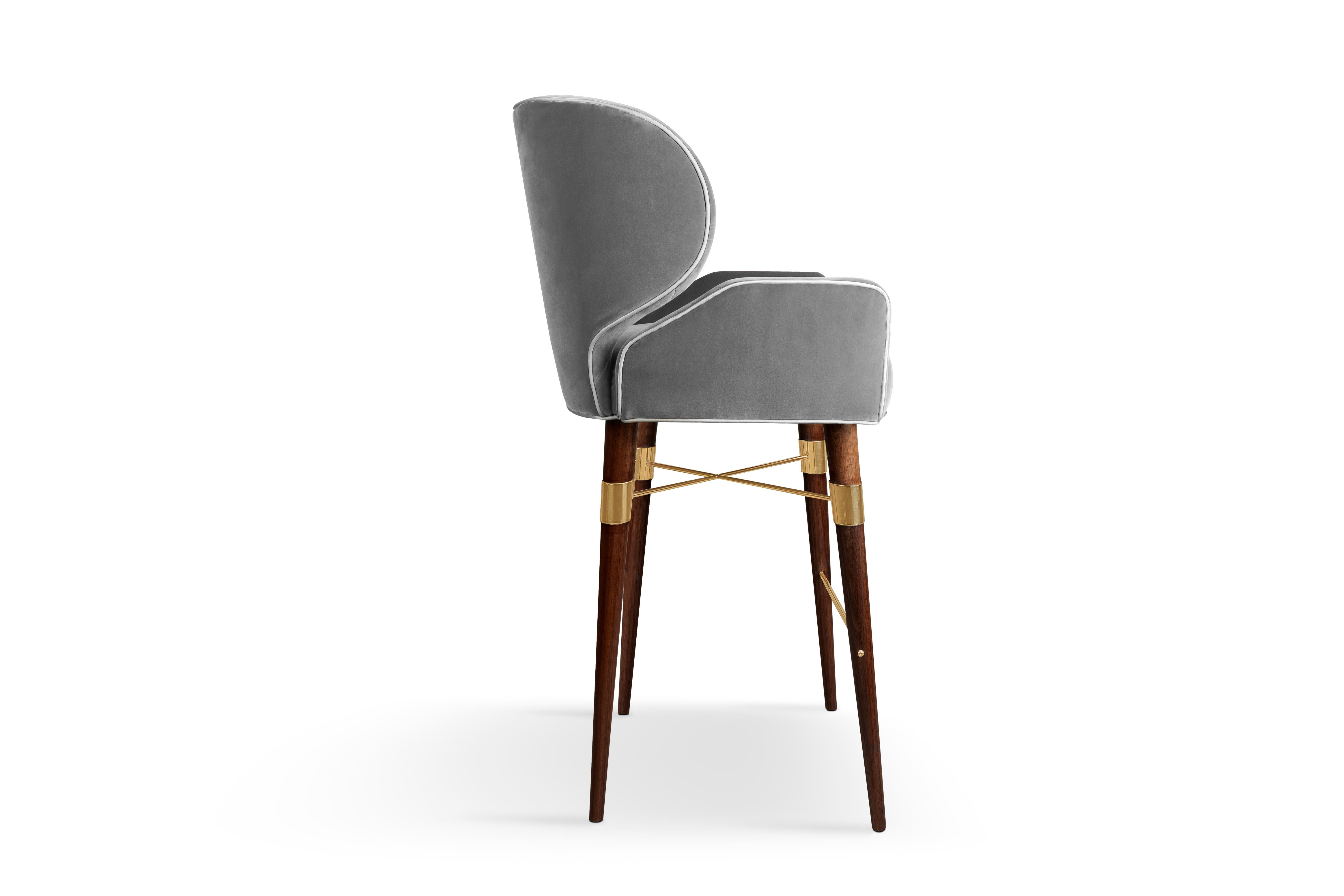 Velvet Louis I Bar Chair Walnut Wood Brass For Sale at 1stDibs