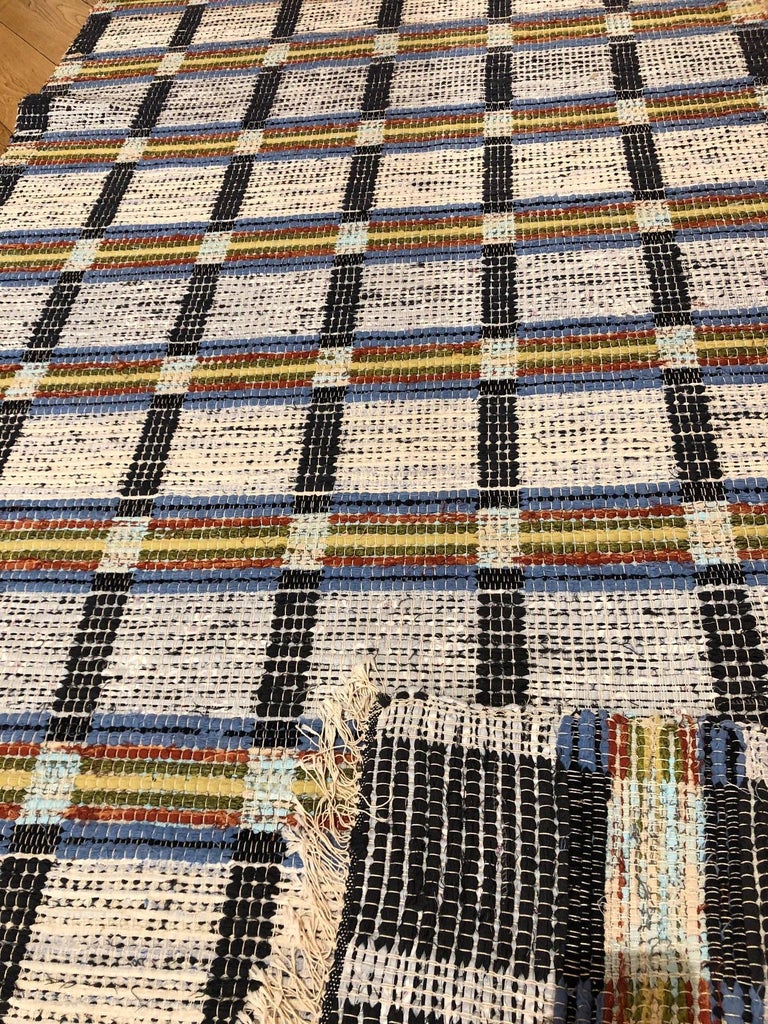 20th Century White Yellow Red Squared Swedish Rag handwoven Rug Folk ...