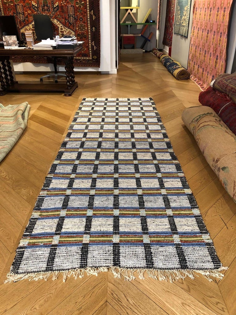 20th Century White Yellow Red Squared Swedish Rag handwoven Rug Folk ...