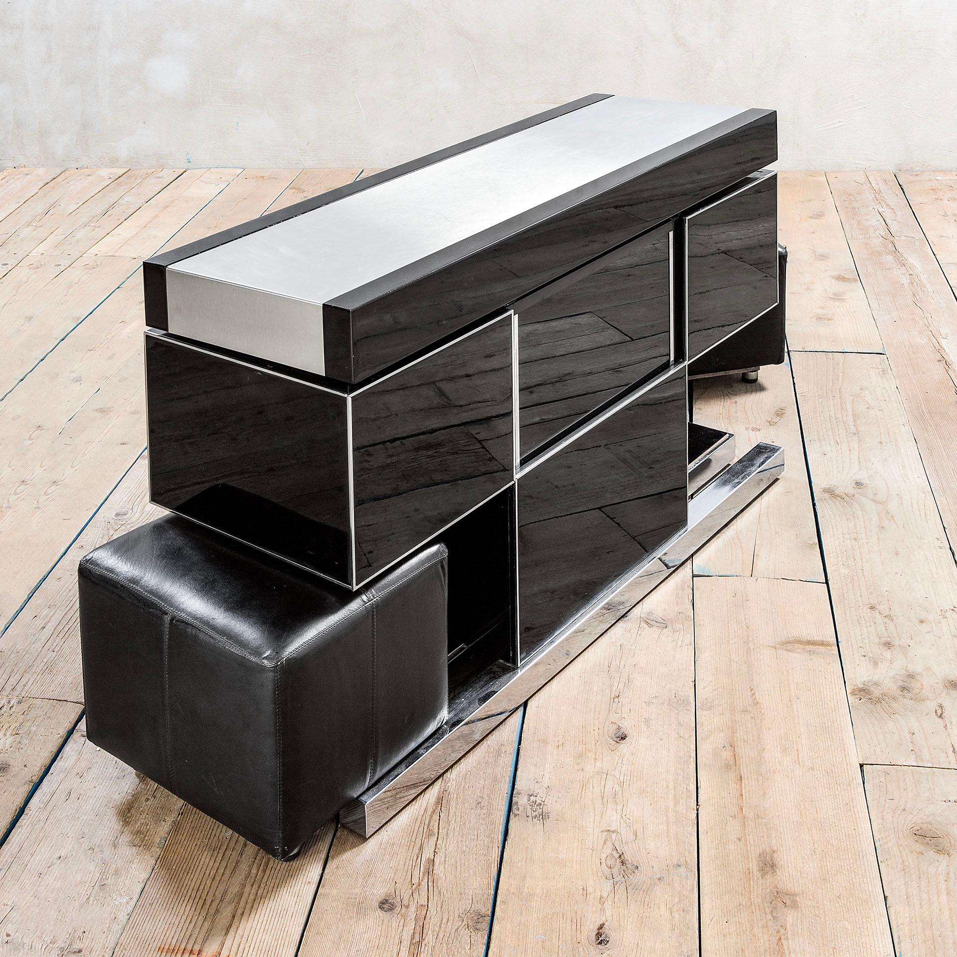 20th Century Willy Rizzo Black Bar Cabinet with Ottomans for Sabot, 70s ...