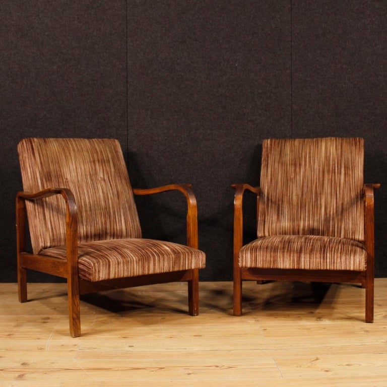 20th Century Wood with Stripped Fabric Italian Design Armchairs, 1970 ...