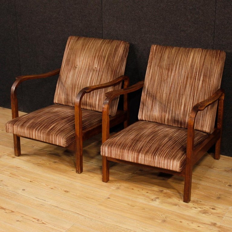 20th Century Wood with Stripped Fabric Italian Design Armchairs, 1970 ...