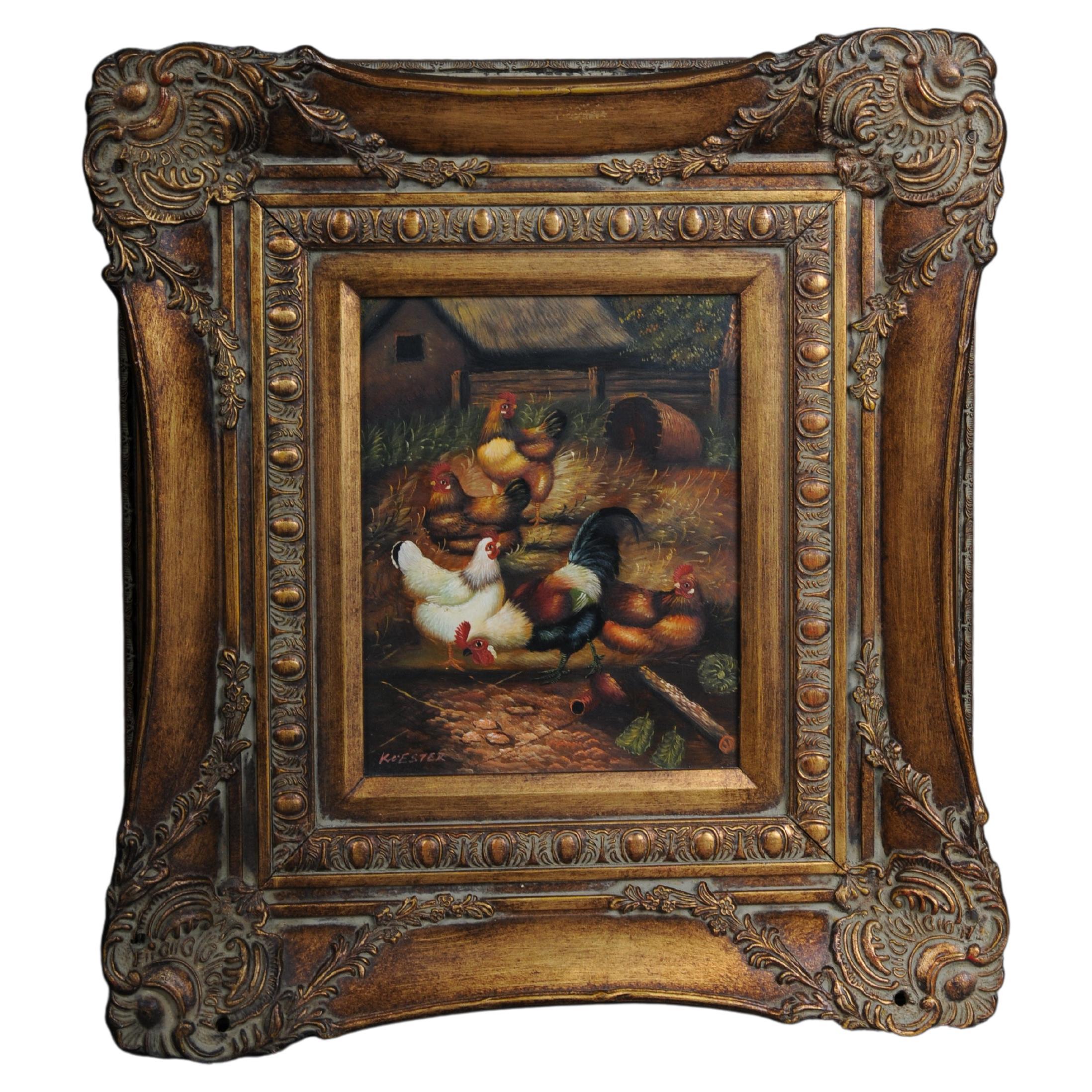 20th Cnetury Oil Painting Chickens in the Farm For Sale at 1stDibs