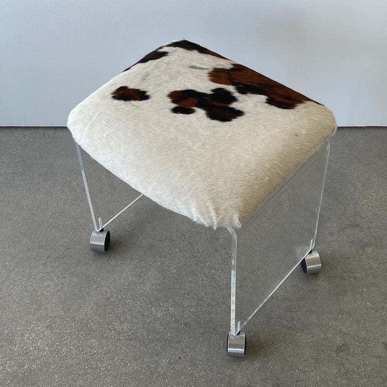 20th Mid-Century Modernist Waterfall Lucite Stool in Cowhide at 1stDibs