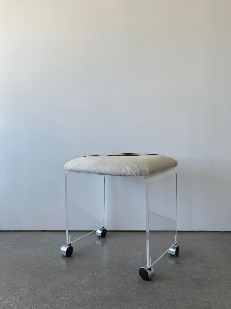 20th Mid-Century Modernist Waterfall Lucite Stool in Cowhide at 1stDibs