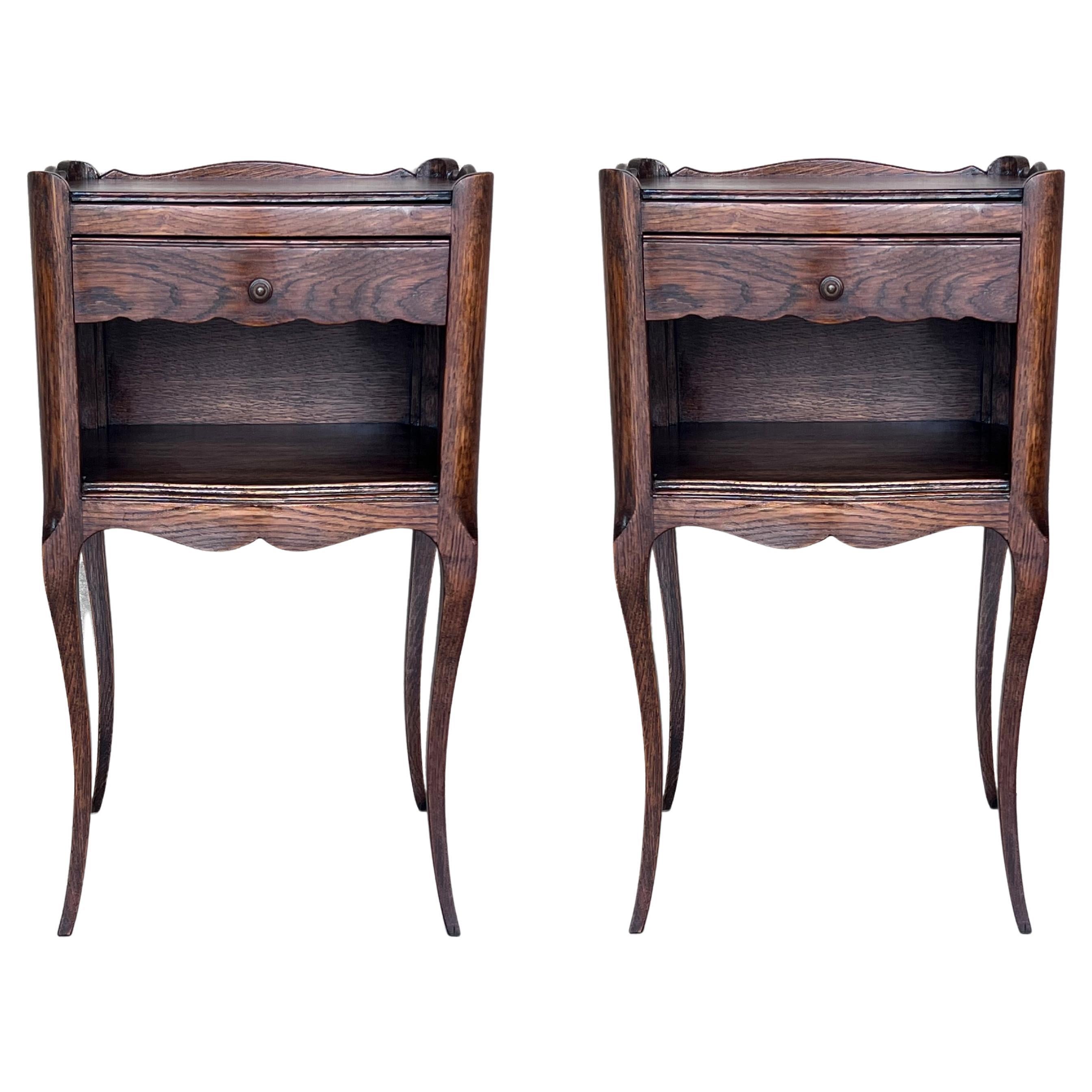 20th, Pair of Dark Walnut Nightstands Tables with Drawer and Open Shelf ...