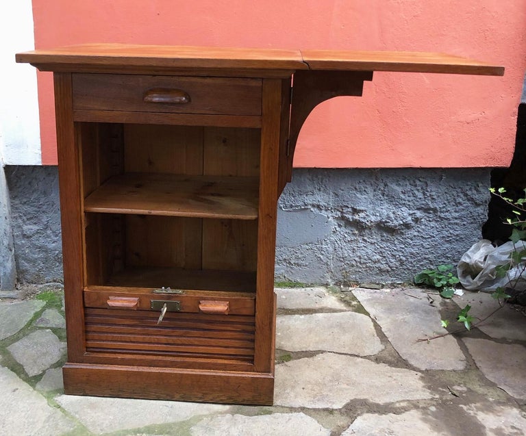 20th Sideboard Table in Solid Oak with Rolling Shutter and Internal Top ...