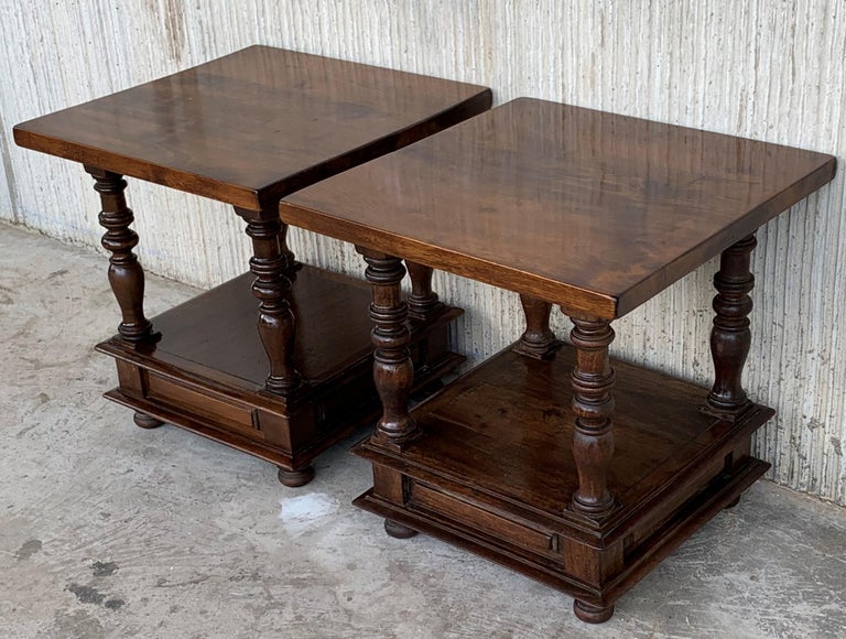 Spanish Colonial Pair of Square Solid Walnut Coffee Tables with Low ...