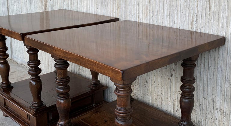 Spanish Colonial Pair of Square Solid Walnut Coffee Tables with Low ...