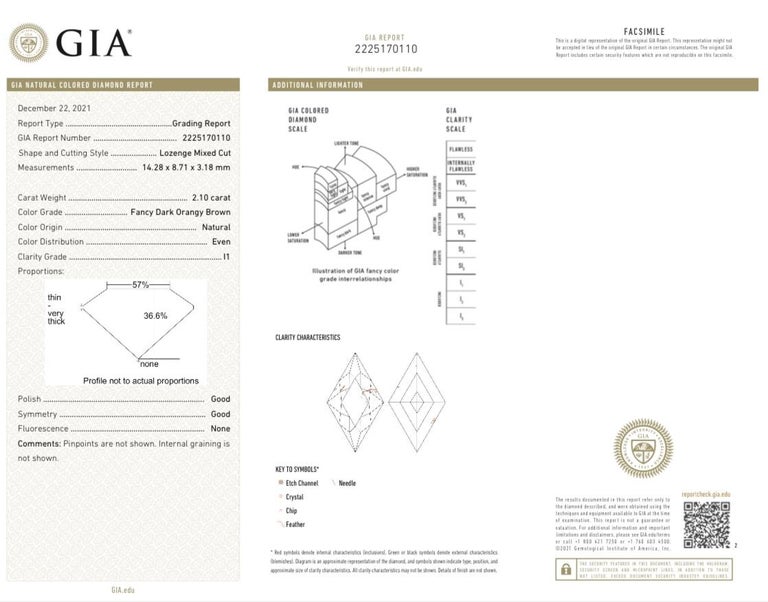 2.10 Carat Lozenge Cut GIA Certified Fancy Color Dark Orange Brown I1 ...