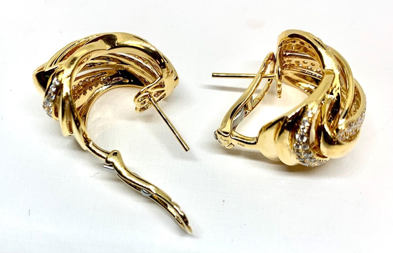 Diamond Swirl French Clip Hoop Earrings in 18K Yellow Gold, 2.13 Carats ...