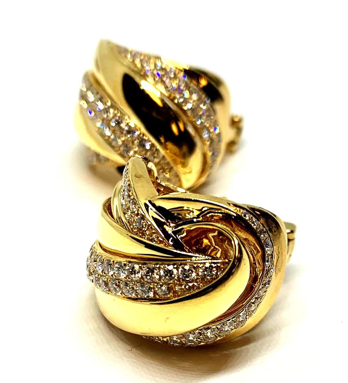 Diamond Swirl French Clip Hoop Earrings in 18K Yellow Gold, 2.13 Carats ...