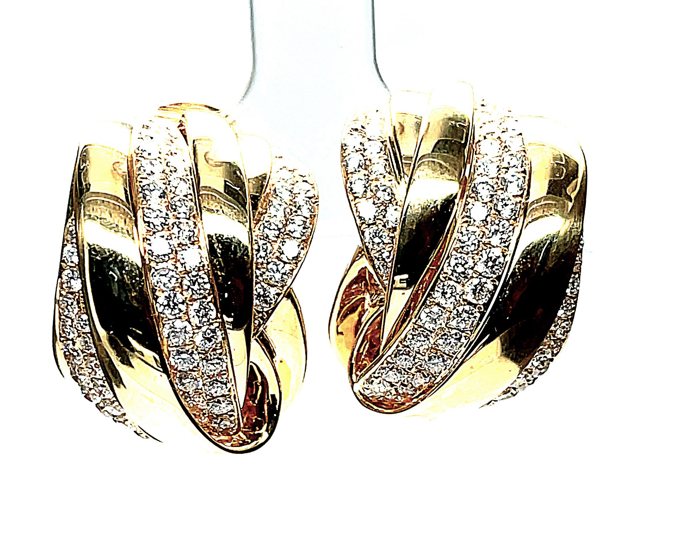 Diamond Swirl French Clip Hoop Earrings in 18K Yellow Gold, 2.13 Carats ...