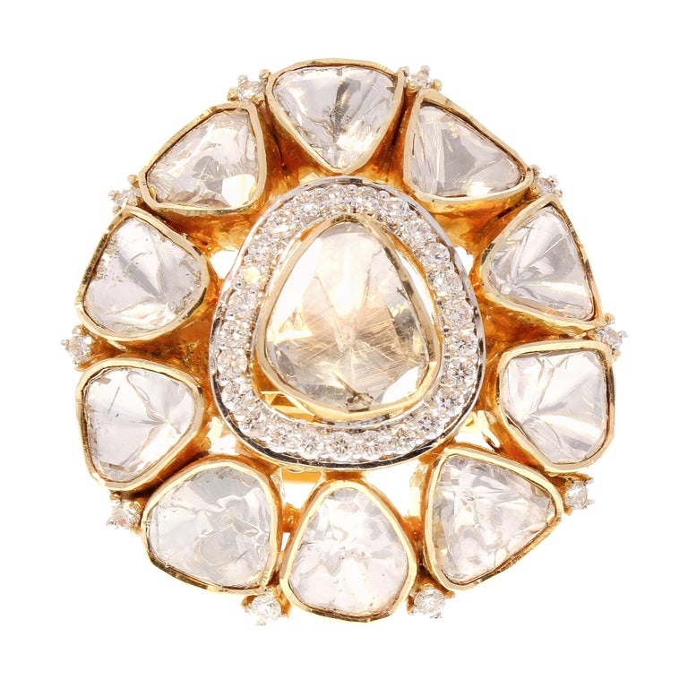 2.14 Carat Total Polki Diamond Ring in 18 Karat Yellow Gold at 1stDibs